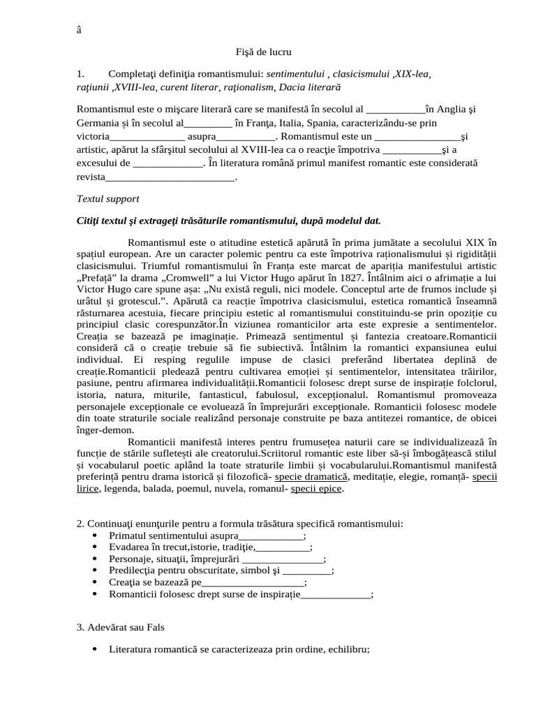 Fisa de Lucru Romantism | PDF