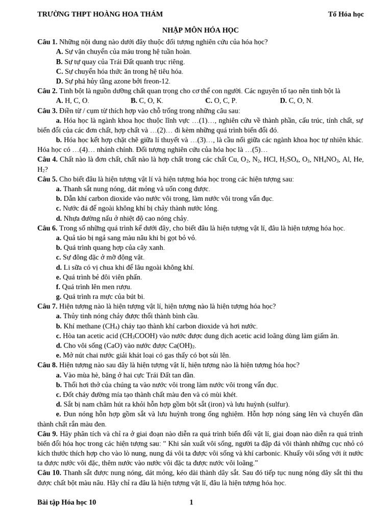 BT HOÁ HỌC 10 - 2425 | PDF