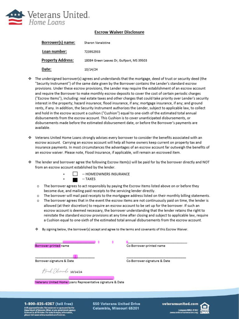VUHL Escrow Waiver 723952933 | PDF