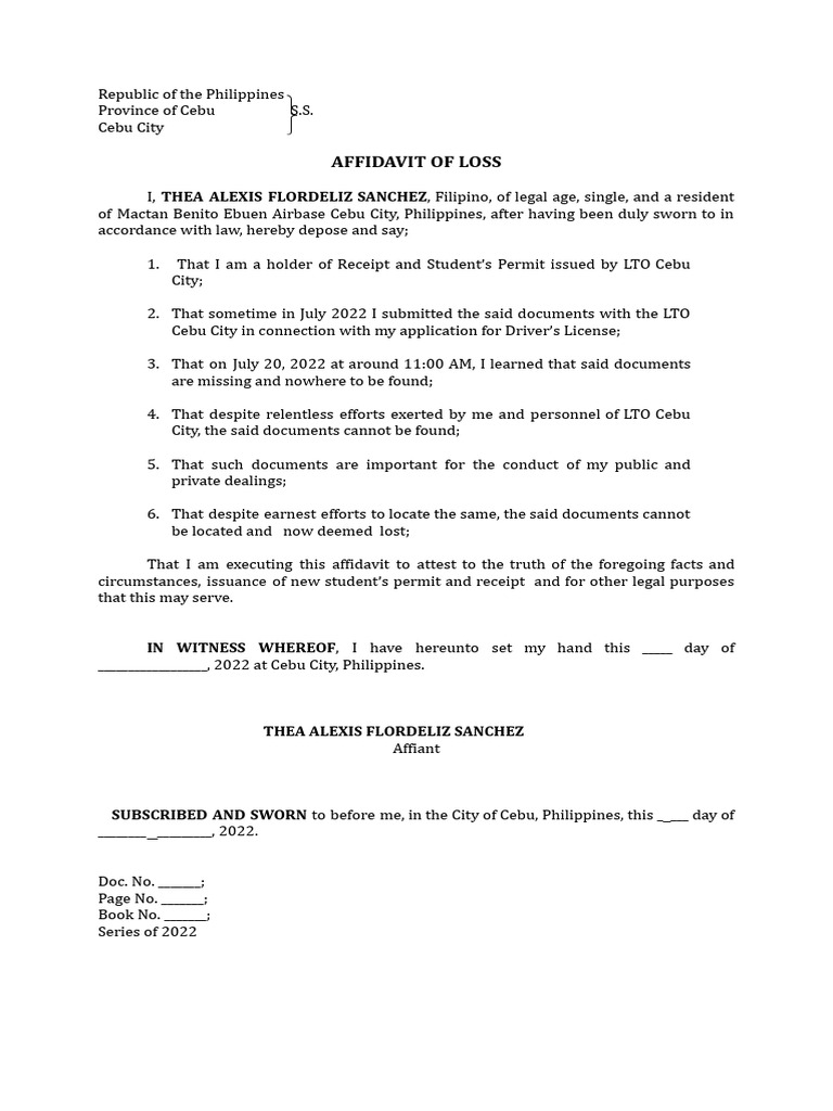 Affidavit of Loss LTO Student S License - Docx 1 | PDF