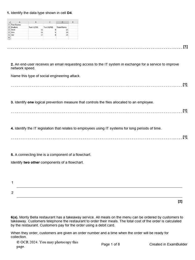 Spreadsheets Mini Test | PDF