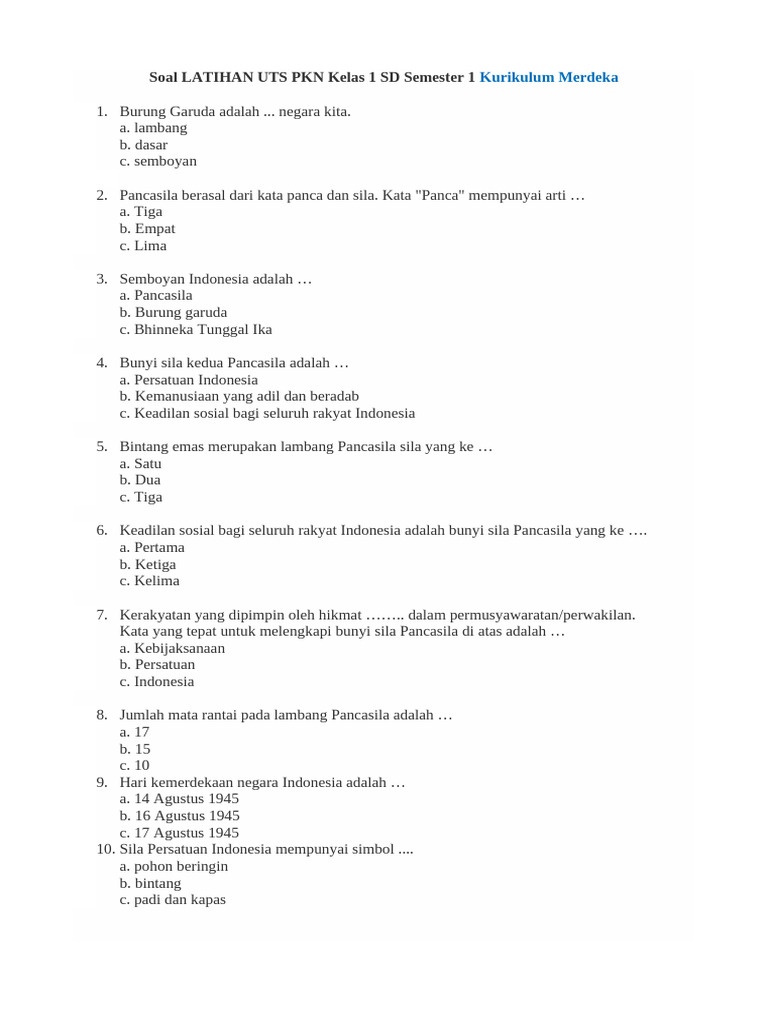 Soal LATIHAN UTS PKN Kelas 1 SD Semester 1 | PDF