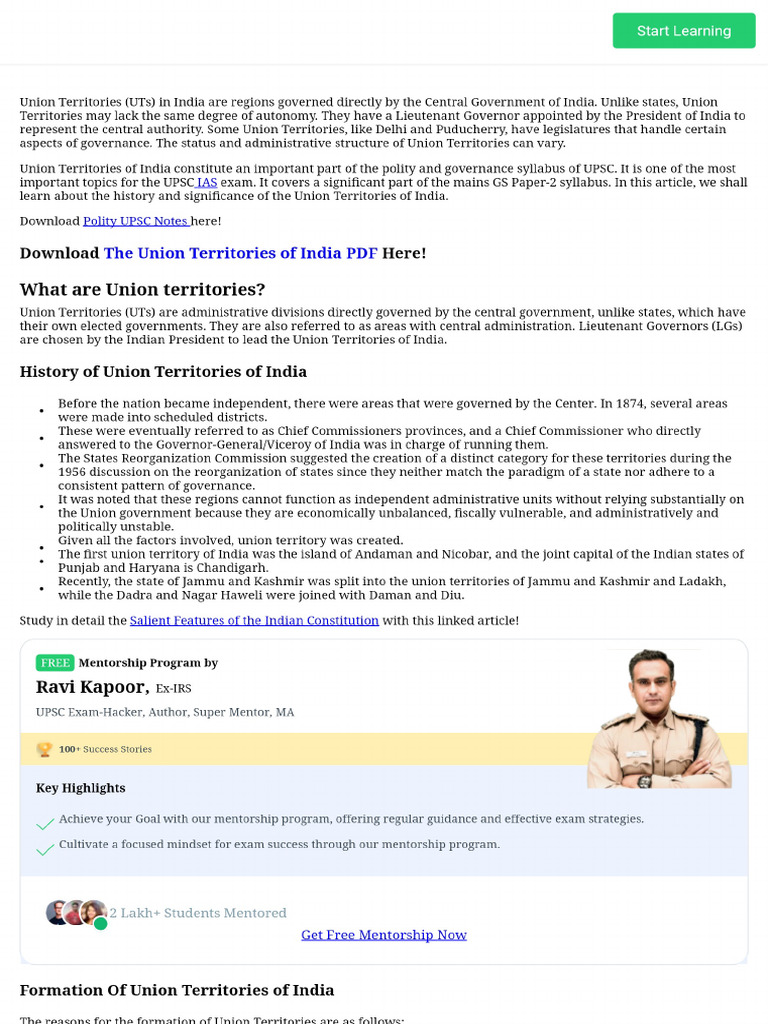 Union Territories of India - List of UTs and Their Capitals | PDF