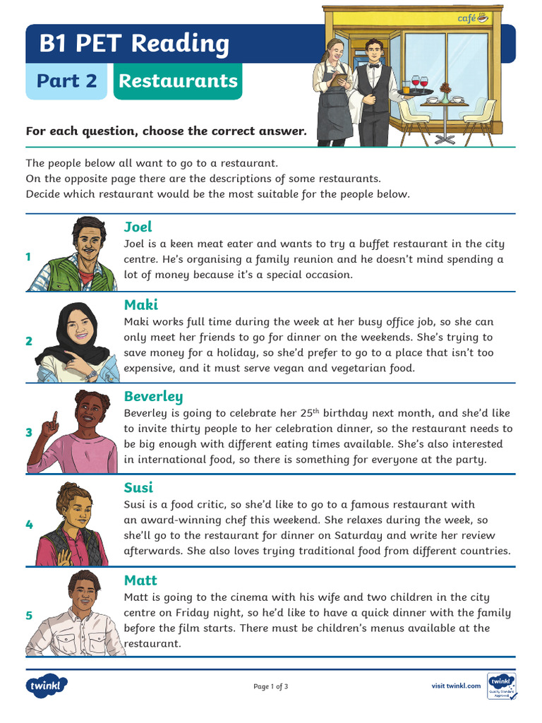 T e 1681199711 Esl b1 Pet Reading Part 2 Worksheet Restaurants - Ver ...