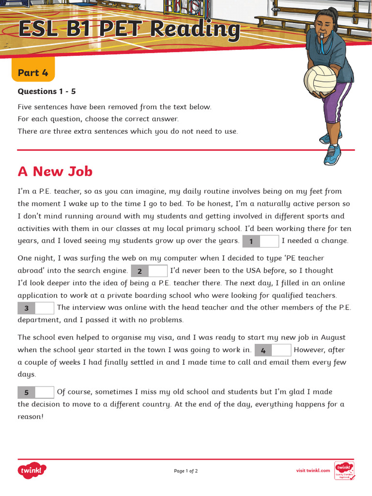 T e 1683539157 Esl b1 Pet Reading Part 4 Worksheet New Job General b1 ...