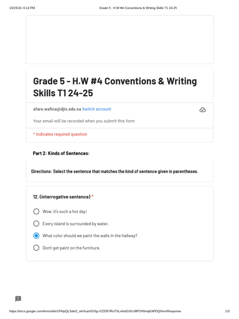 Grade 5 - H.W #4 Part One Conventions & Writing Skills T1 24-25 | PDF