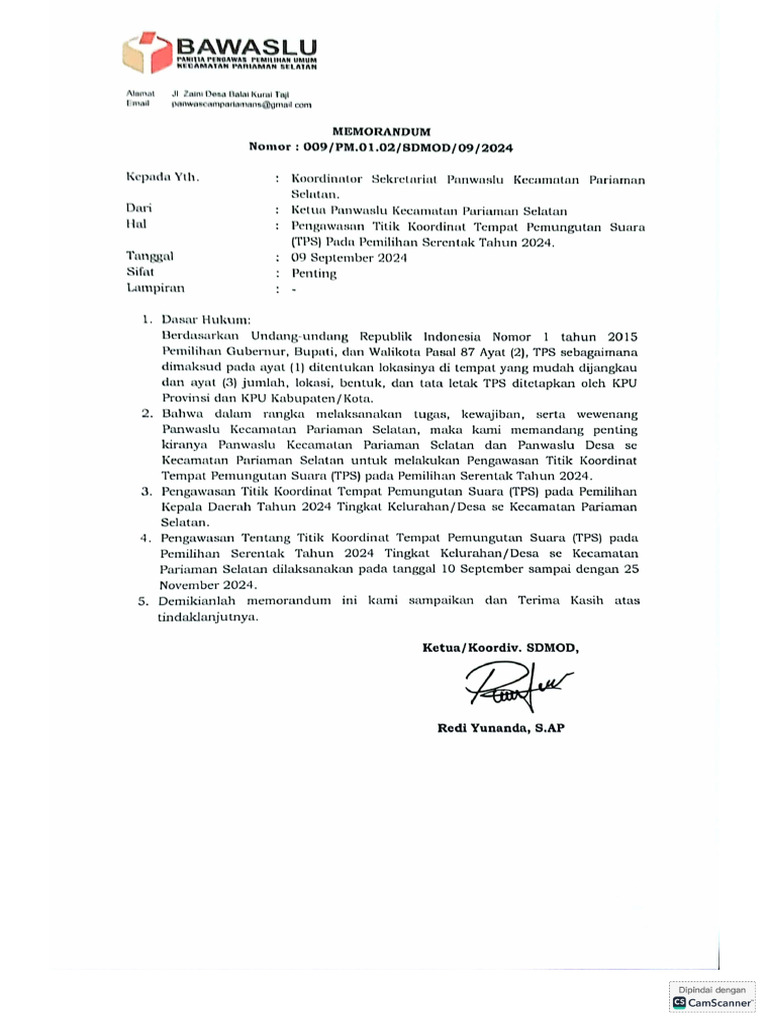 Memo 009 Sdmod Titik TPS | PDF