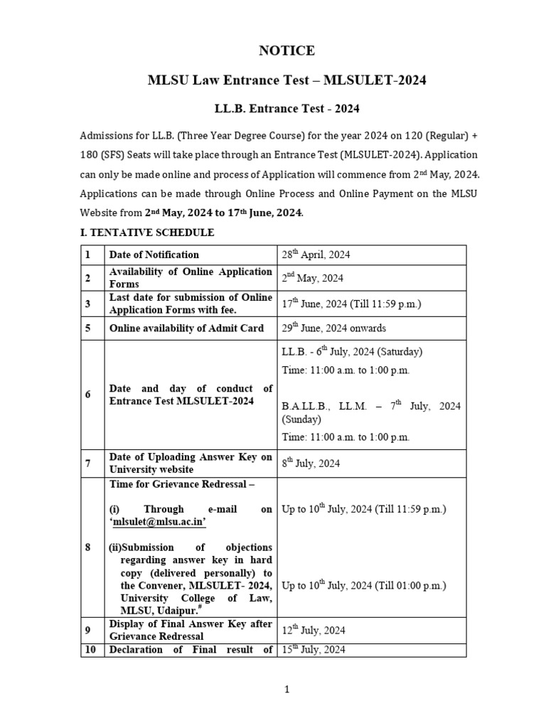 MLSU LLB Entrance Test 2024 Details | PDF | Reason | Argument