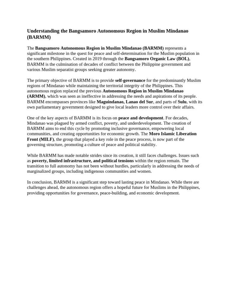 Understanding The Bangsamoro Autonomous Region in Muslim Mindanao | PDF