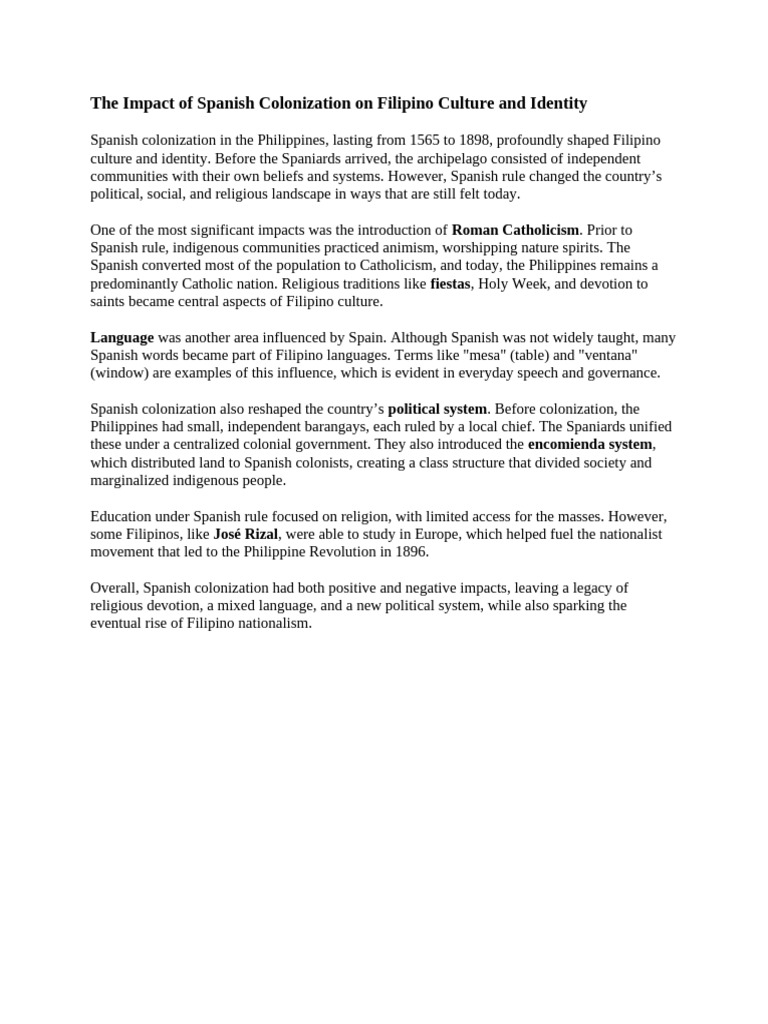 The Impact of Spanish Colonization On Filipino Culture and Identity | PDF