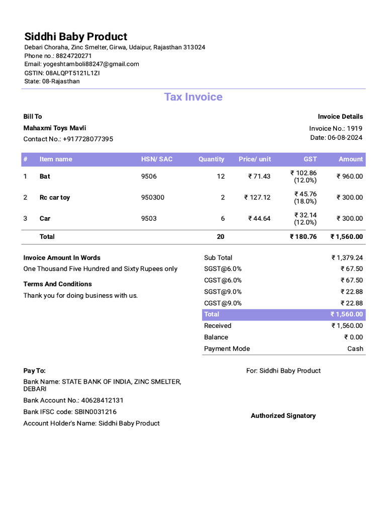 Mahaxmi Toys Mavli - 1919 - 06-08-2024 | PDF | Invoice | Payments
