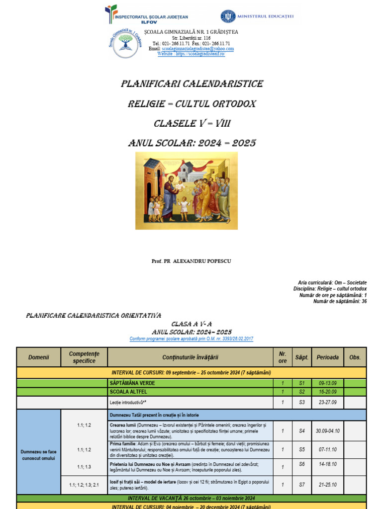 Planificari v-VIII 2024 - 2025 Religie | PDF