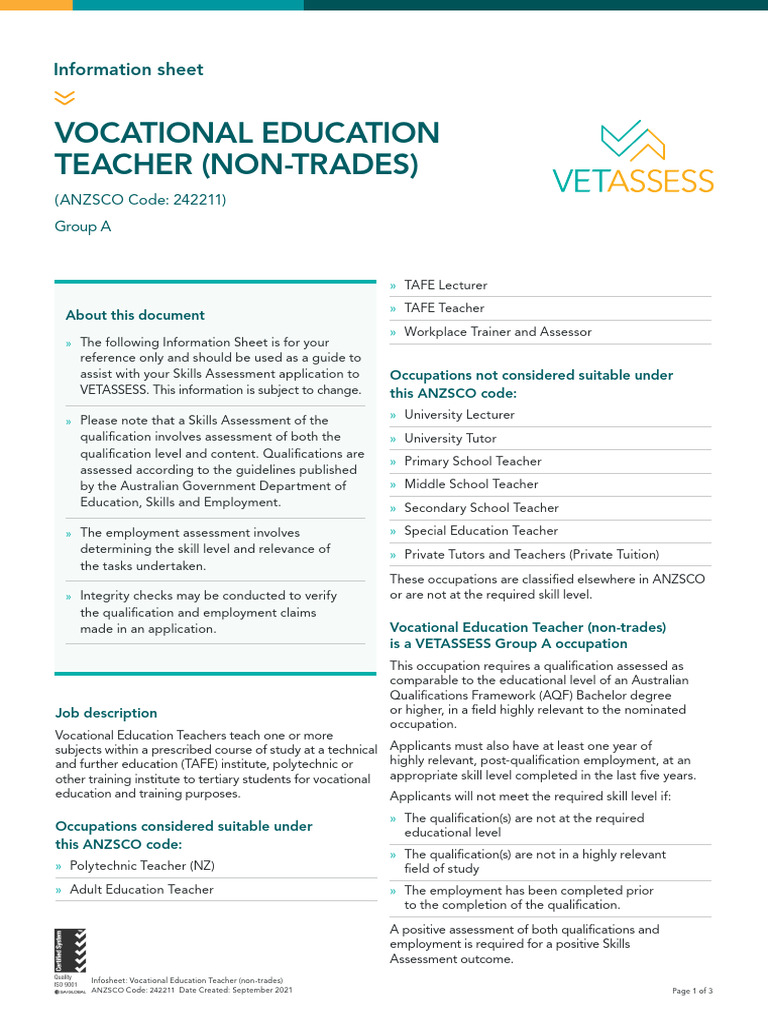 Information Sheet - Vocational Education Teacher (Non-Trades) | PDF