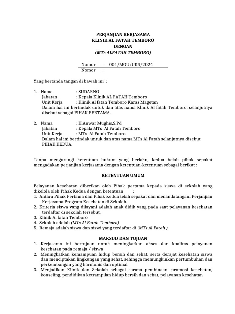 Mou Mts-Klinik Alfatah 2024 | PDF