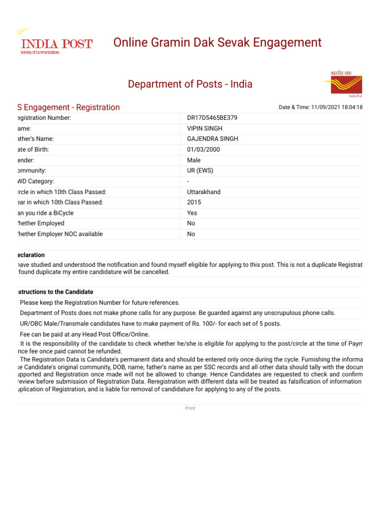 Https Telanganapostalcircle - in Gdsonlinec3p9 Reg Print - Aspx | PDF | Payments
