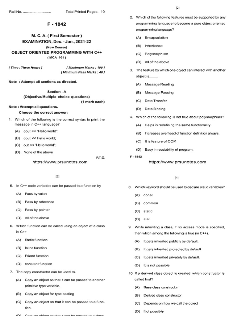 Mca 1 Sem Object Oriented Programming With CPP F 1842 Jan 2022 | PDF