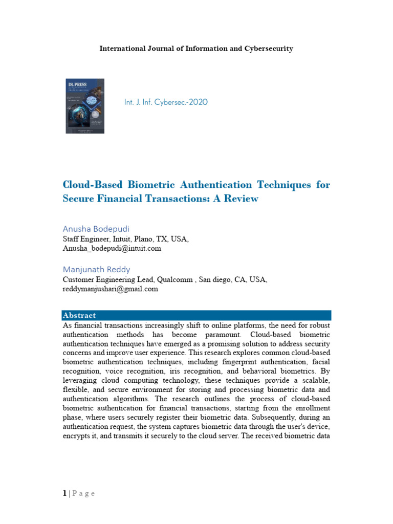 Cloud-Based Biometric Authentication Techniques For Secure Financial Transactions | PDF