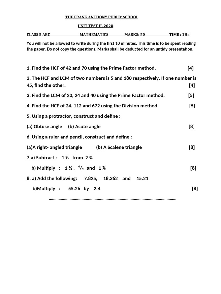 Class 5 Math Unit Test Ii 2020 | PDF