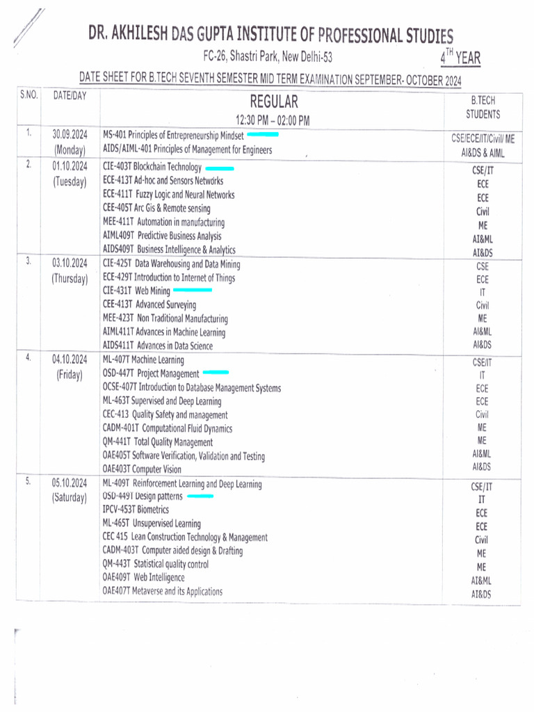 Date Sheet For B.Tech | PDF