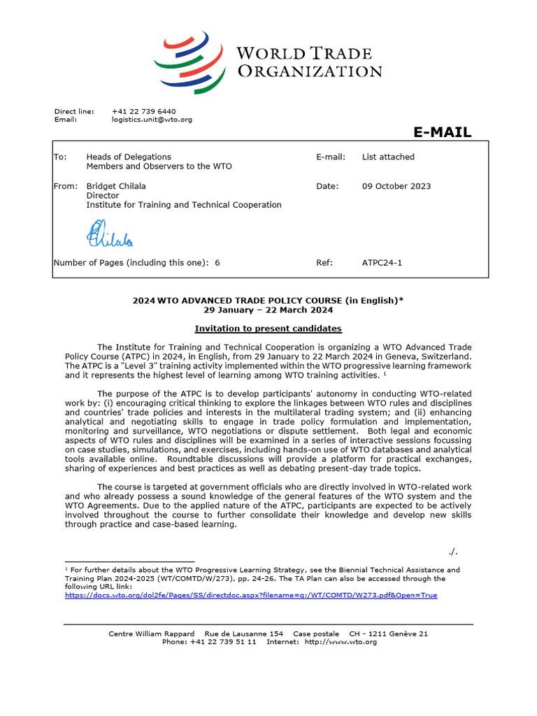 Invitation Letter Advanced Trade Policy Coursecleaned 1 | PDF | World ...