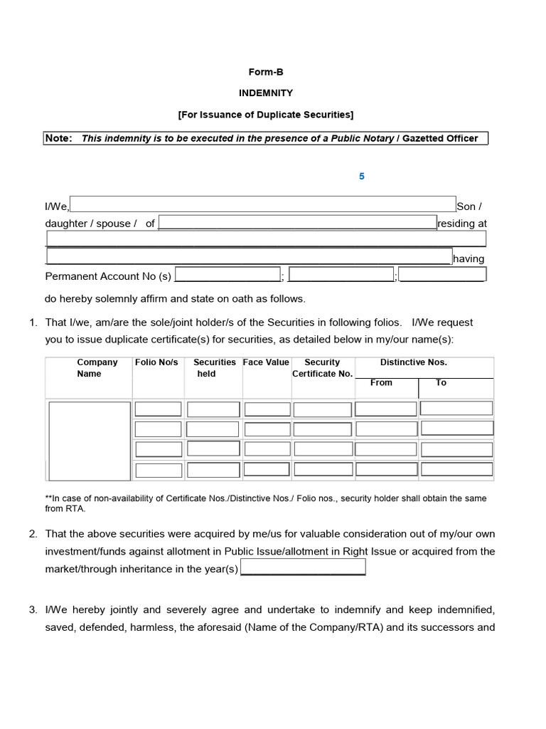 Form - B - Indemnity - Fillable Duplicate Issue | PDF
