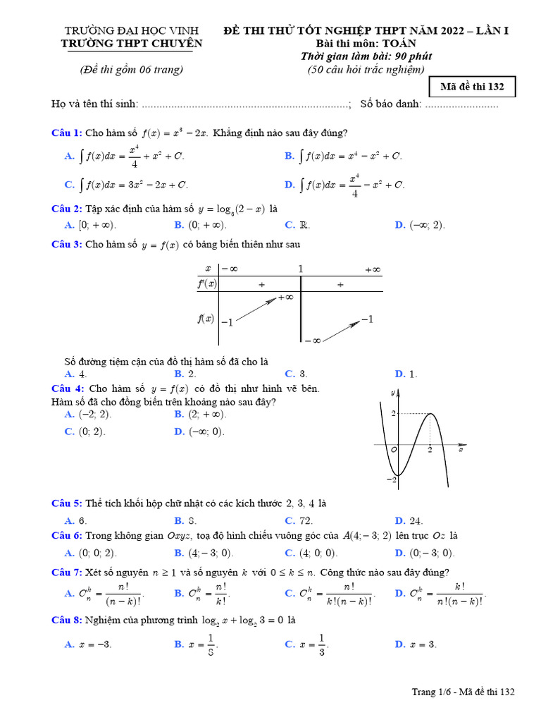De Thi Thu TN THPT 2022 Mon Toan Lan 1 Truong THPT Chuyen DH Vinh Nghe An | PDF
