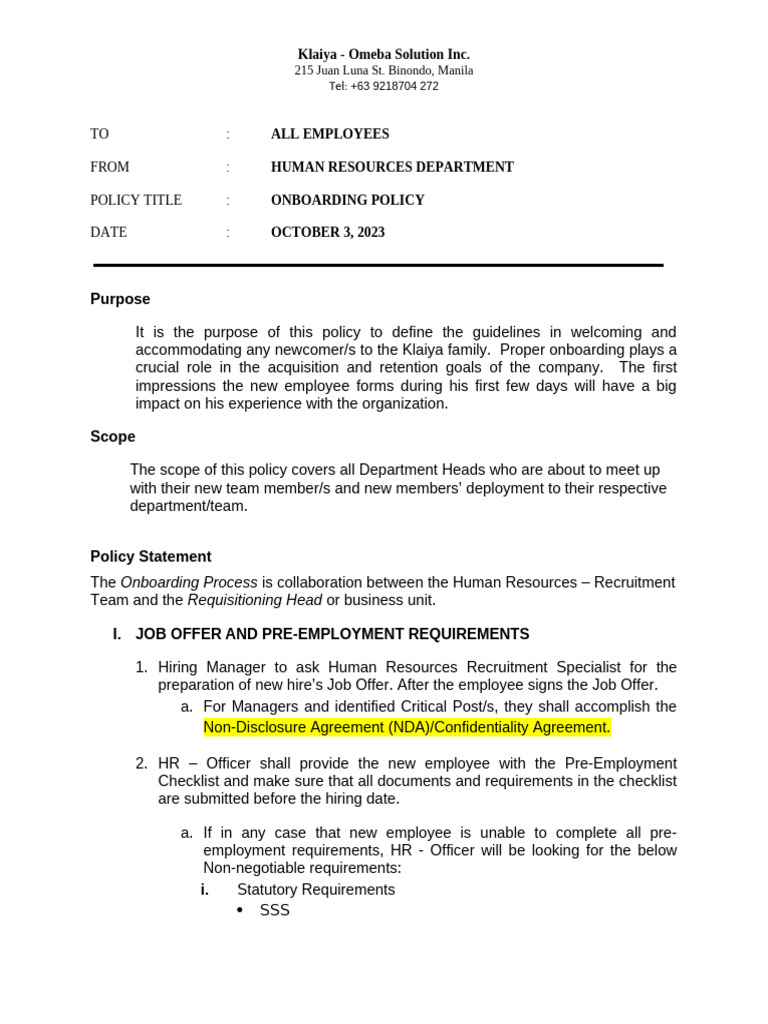 Onboarding Policy | PDF