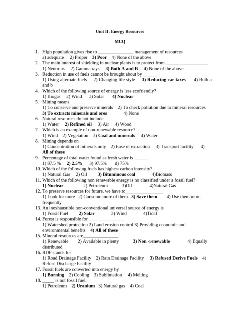 Unit II EST Natural Resource MCQ | PDF | Fuels | Renewable Energy
