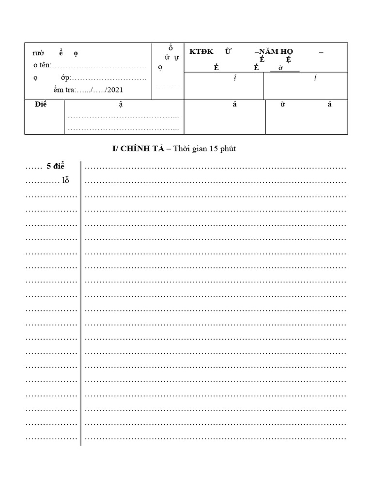 01. PHIẾU LÀM BÀI CHÍNH TẢ + TLV | PDF