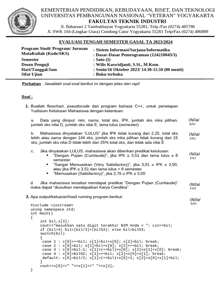 Evaluasi Ujian Pemrograman C++ | PDF | Teaching Methods & Materials | Computers