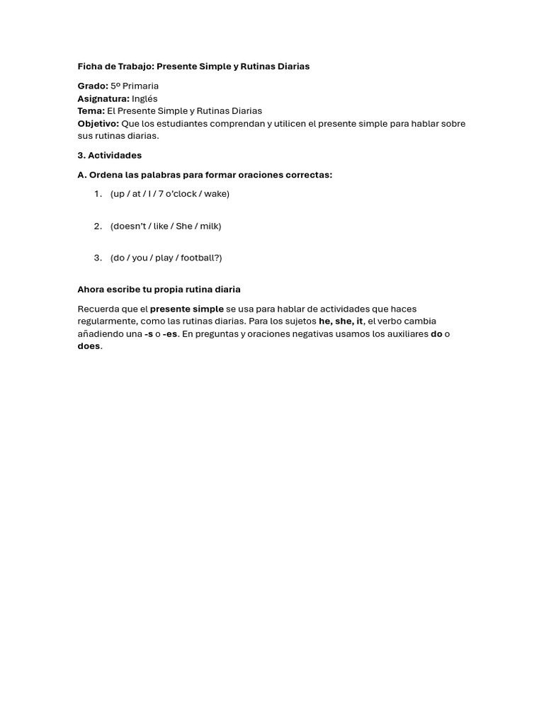 Repaso Presente Simple 5º Primaria | PDF