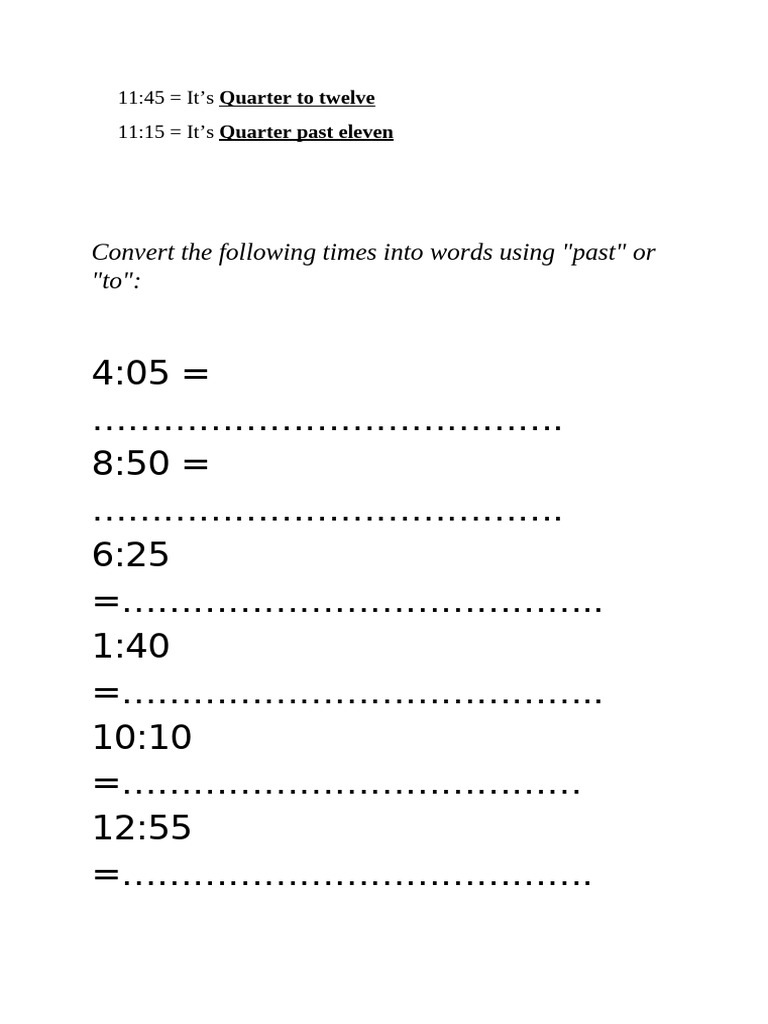 Convert The Following Times Into Words Using "Past" or "To" | PDF