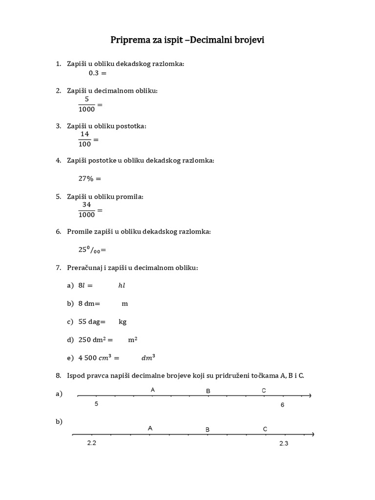 Priprema Za Ispit Decimalni Brojevi | PDF
