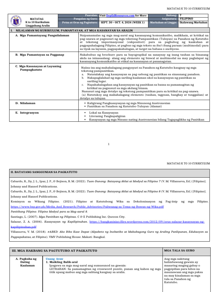 DLL Matatag - Filipino 7 Q2 W1 | PDF