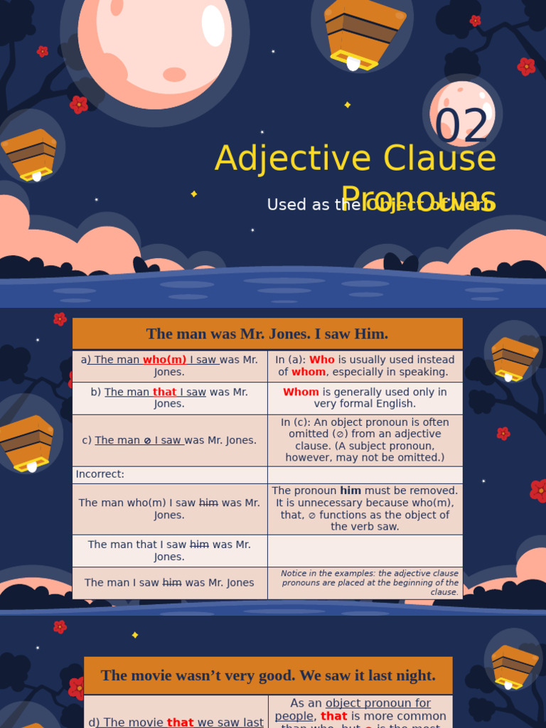 Adjective Clause Pronouns | PDF | Sentence (Linguistics) | Pronoun