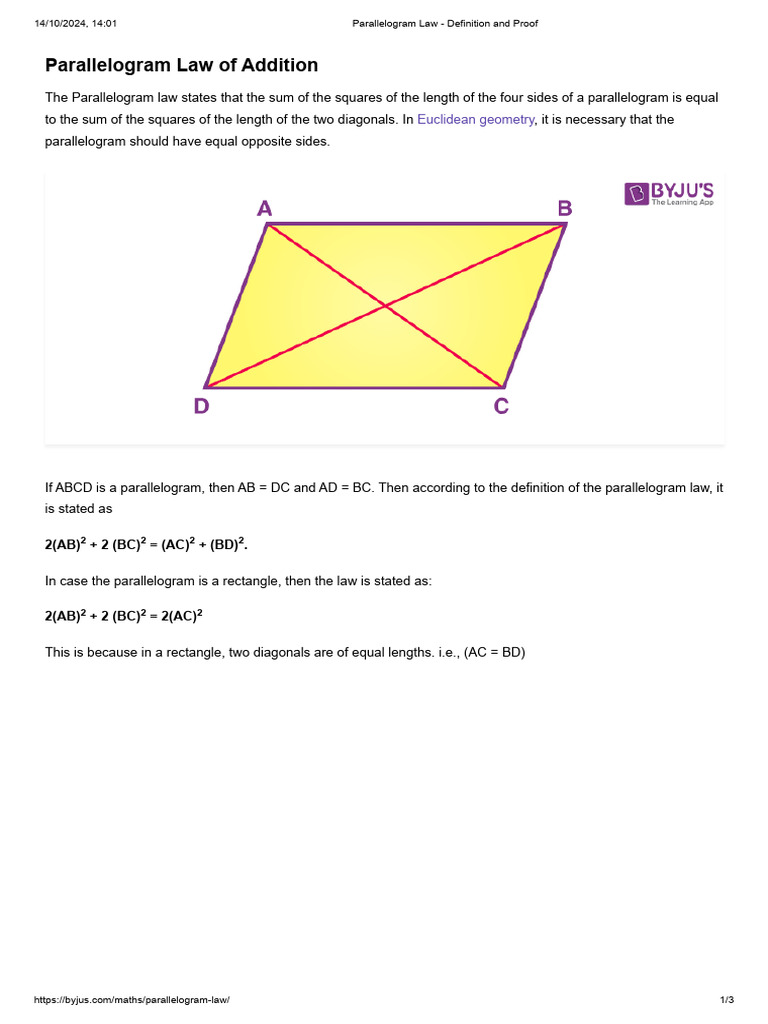 Parallelogram Law - Definition and Proof | PDF
