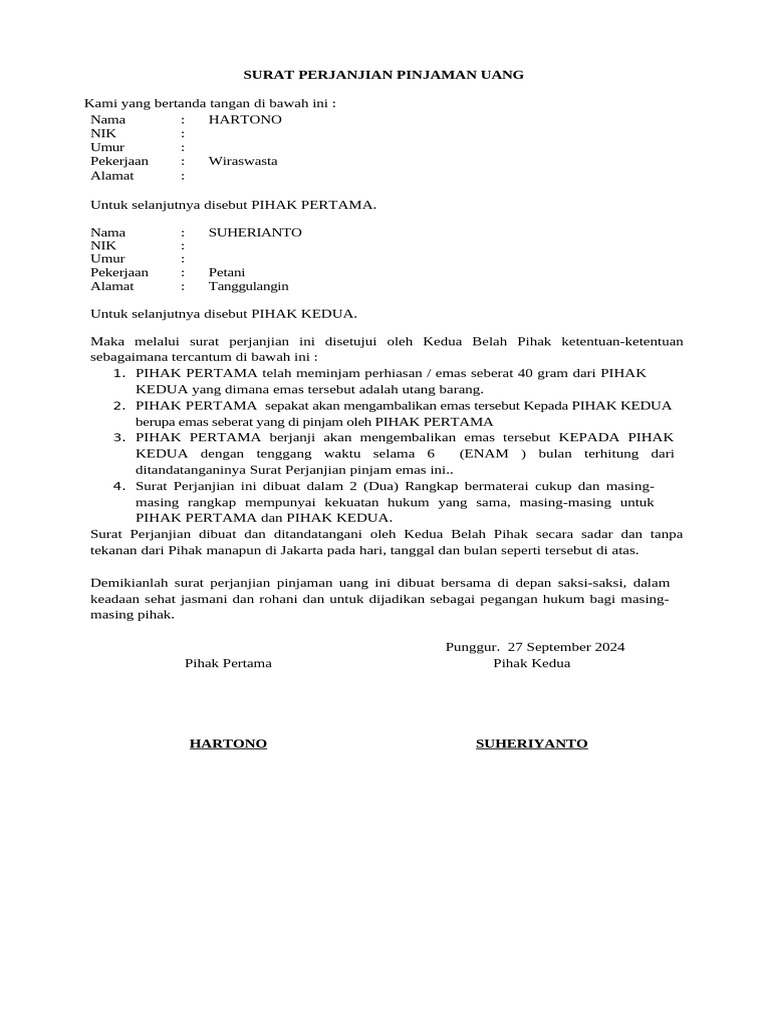 Contoh Surat Perjanjian Pinjaman Uang | PDF