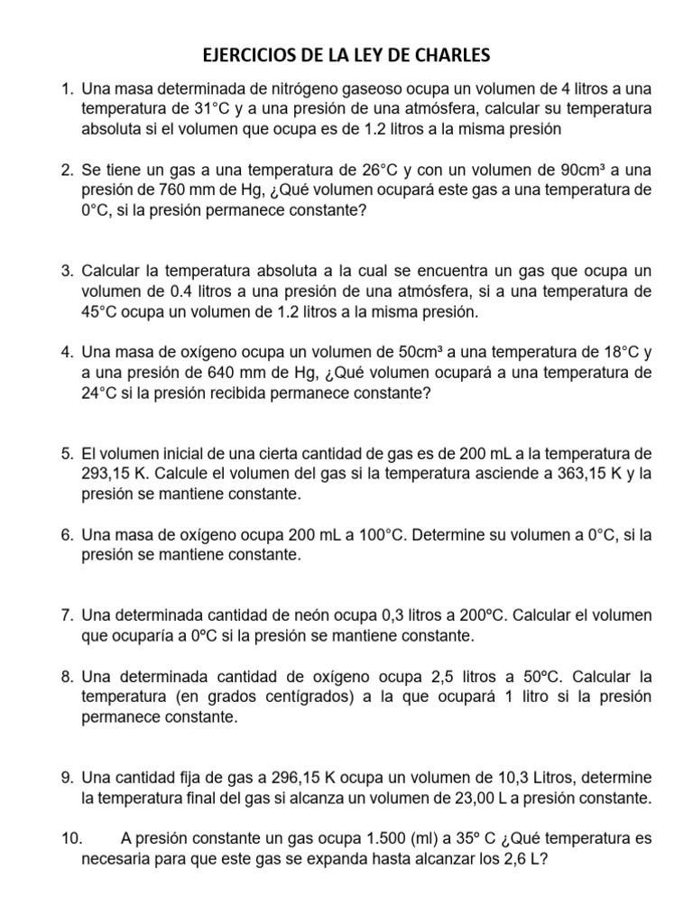 Ejercicios de La Ley de Charles | PDF | Gases | Temperatura