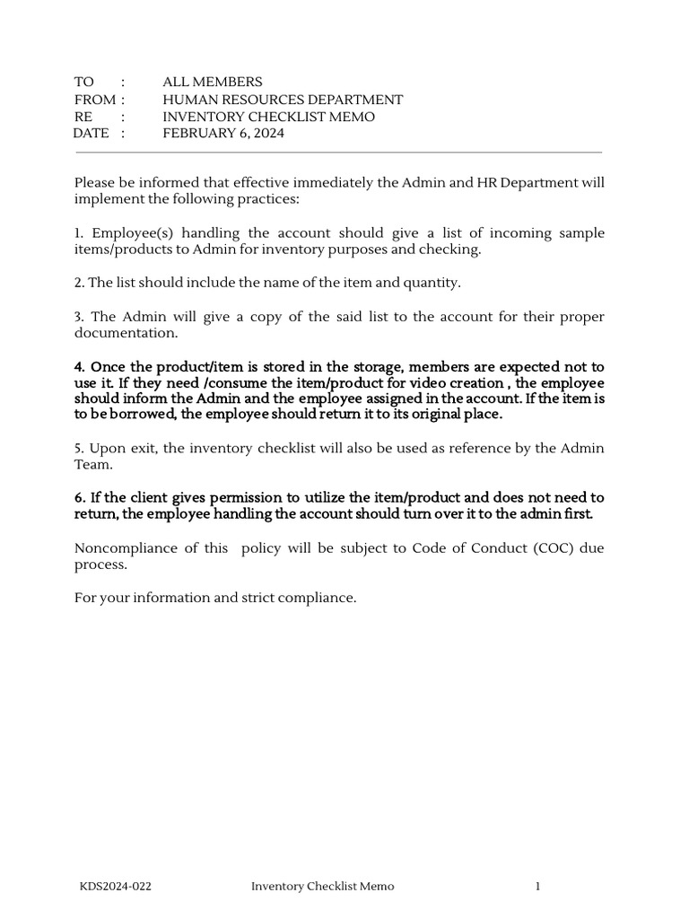 Inventory Checklist Memo | PDF