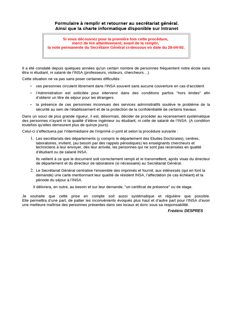 Formulaire Resident INSA | PDF