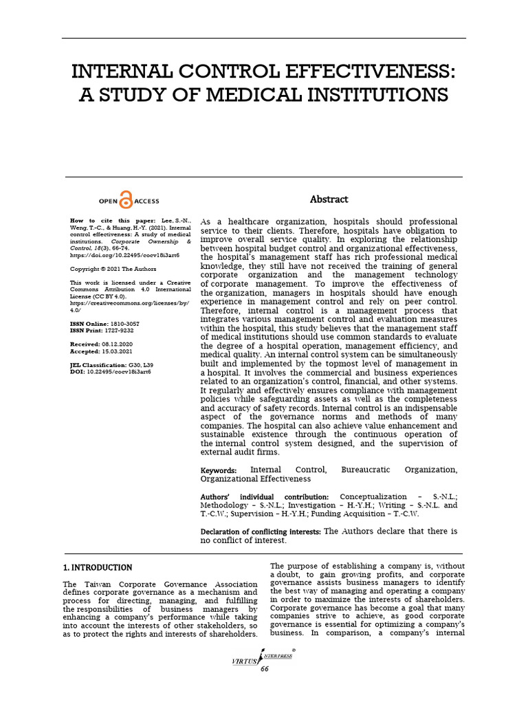 Internal Control Effectiveness A Study of Medical | PDF