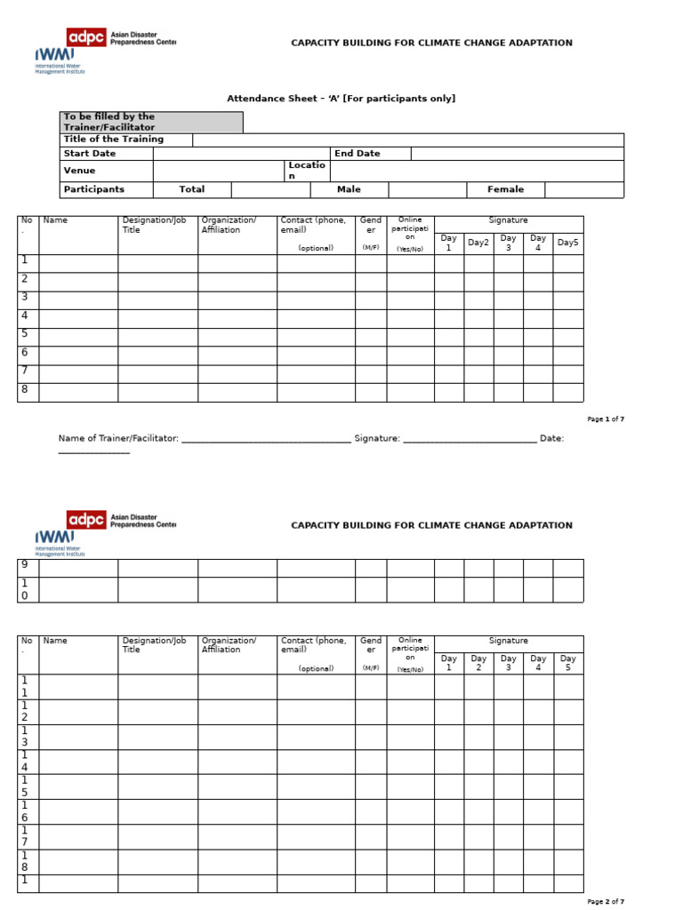Training Attendance Sheet - 5 Day | PDF