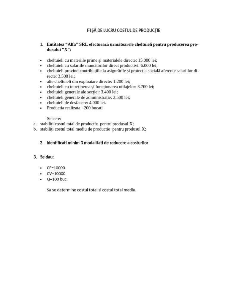 Fișă de Lucru Costul de Producție | PDF