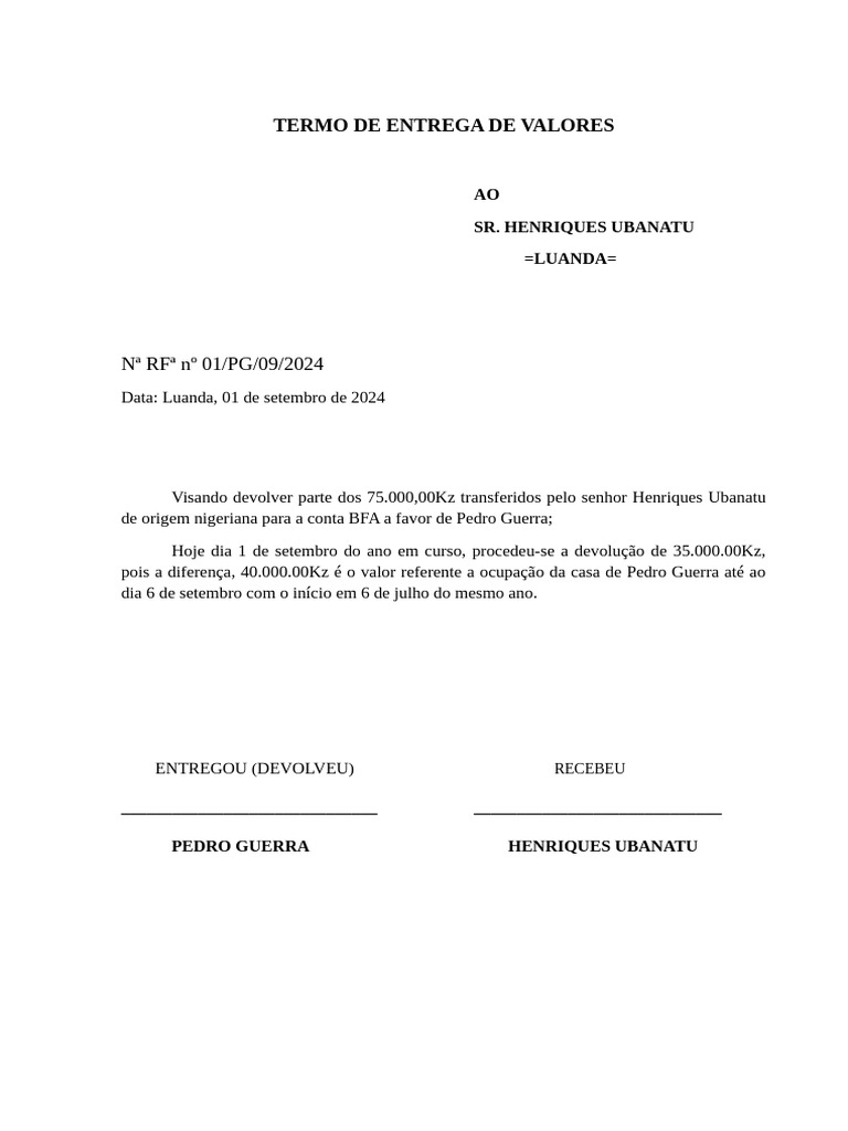 Modelo De Termo De Ciencia Simples/modelo De Termo De Entrega De Dinheiro