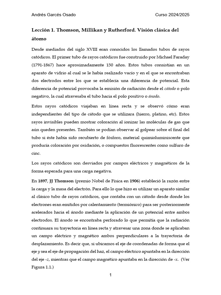 Lección 1. Thomson Millikan Rutherford | PDF