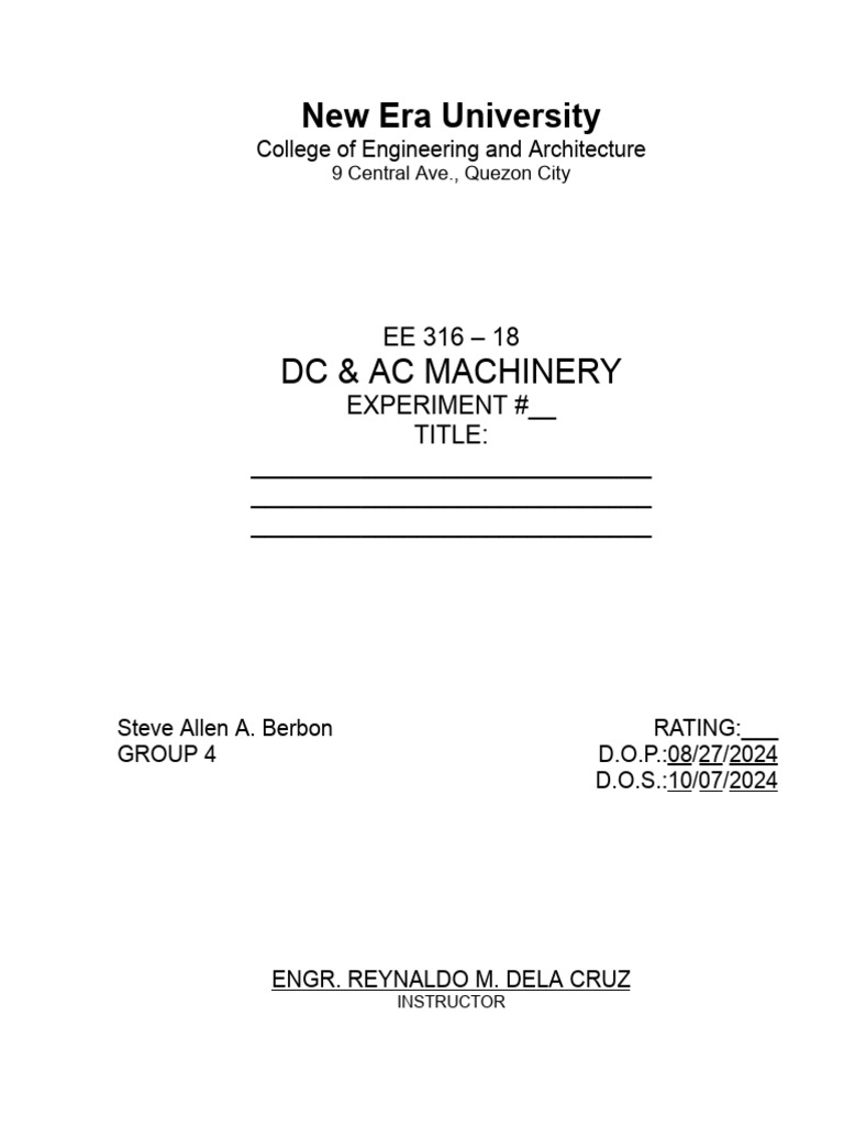 DC & Ac Machinery Expt. 3 Cover Page | PDF