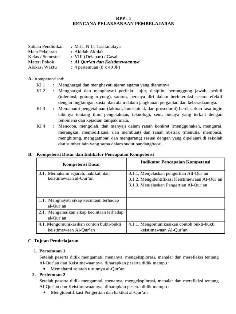 5 RPP Akidah Akhlak Kls 8 SMT 12 | PDF