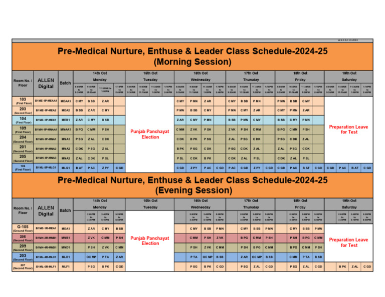PRE-MEDICAL RC SCHEDULE (14-10-2024 To 19-10-2024) | PDF