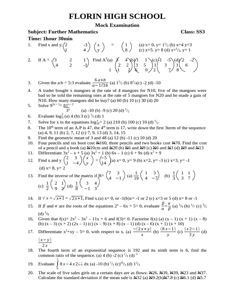Florin High School SS3 Further Maths | PDF