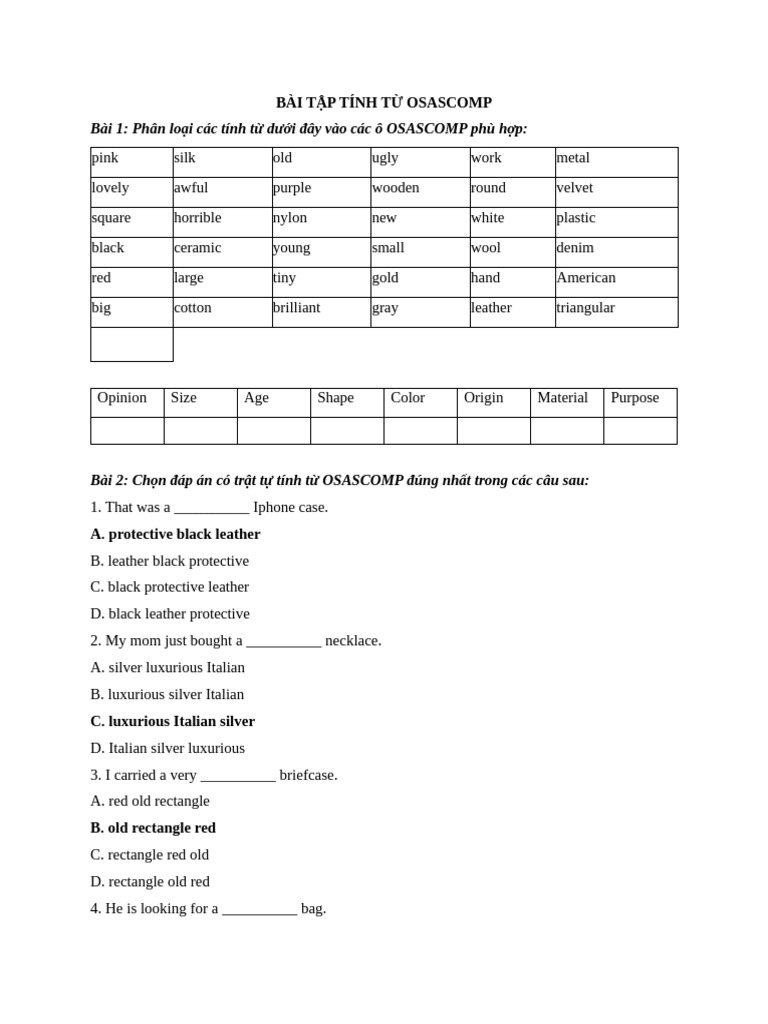 BÀI TẬP TÍNH TỪ OSASCOMP | PDF